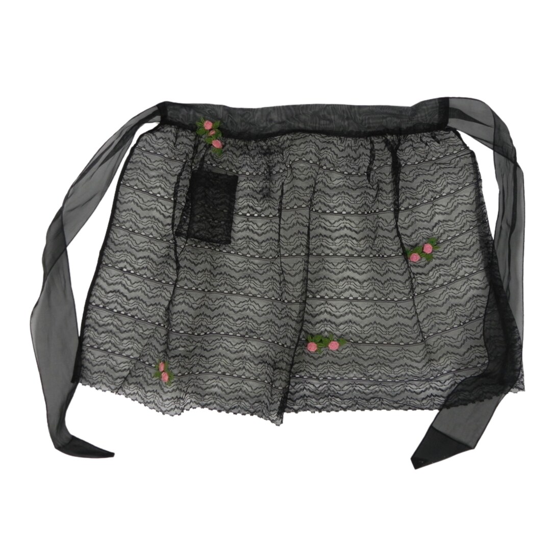 Vintage Black Lace Apron | 60s Linens | Sheer Black & Rosebud Appliqué ...