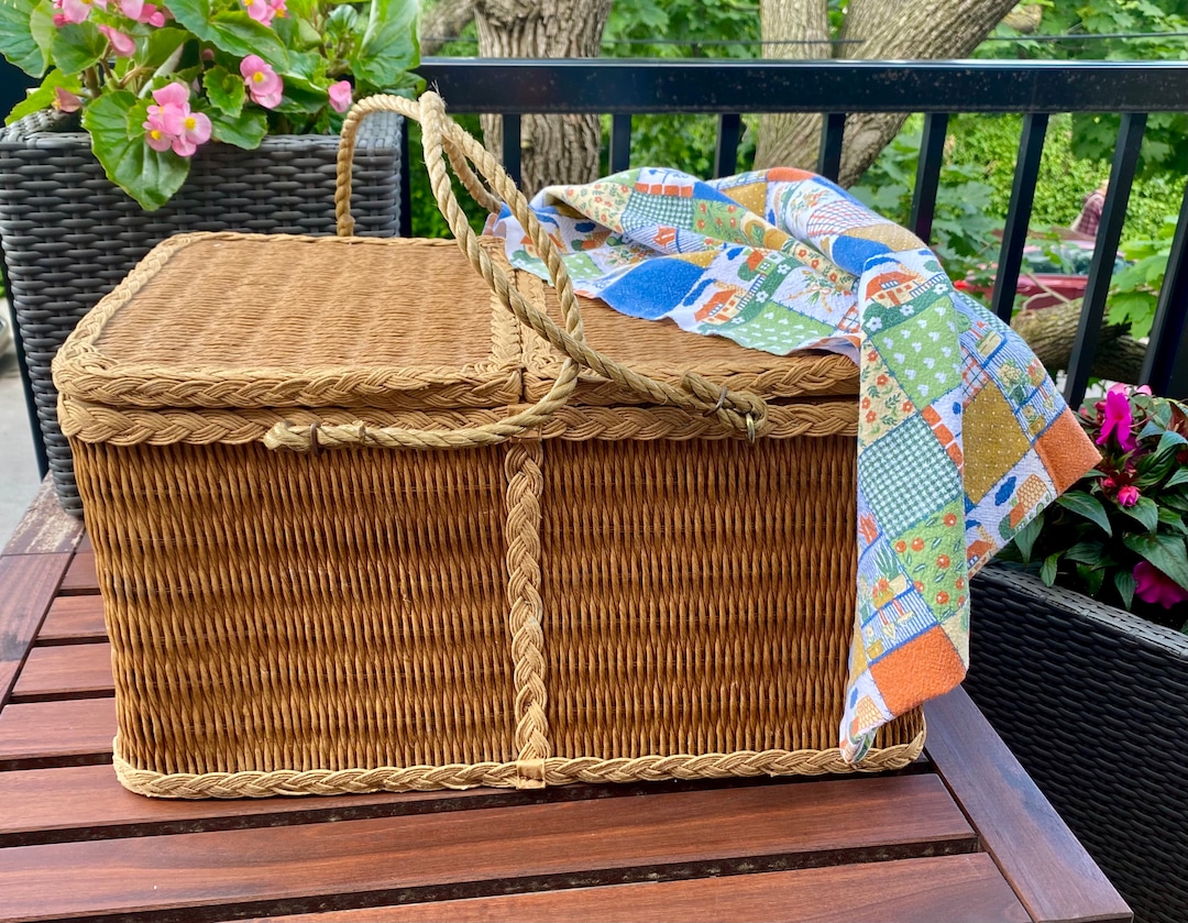 Vintage Wicker Picnic Basket Wood and Rattan Basket With 2 - Etsy