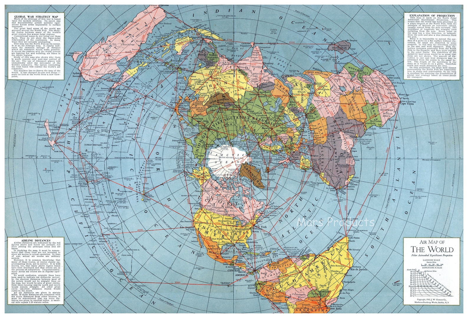 Flat Earth Map Polar Azimuthal Equidistant Projection 1943 WWII Poster ...
