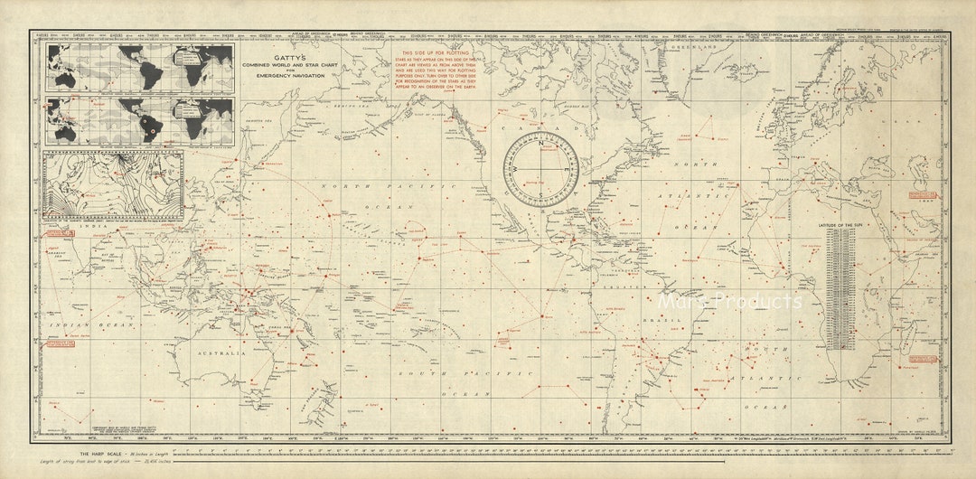 World and Star Chart Map Nautical Navigation Astronomy Poster Vintage ...