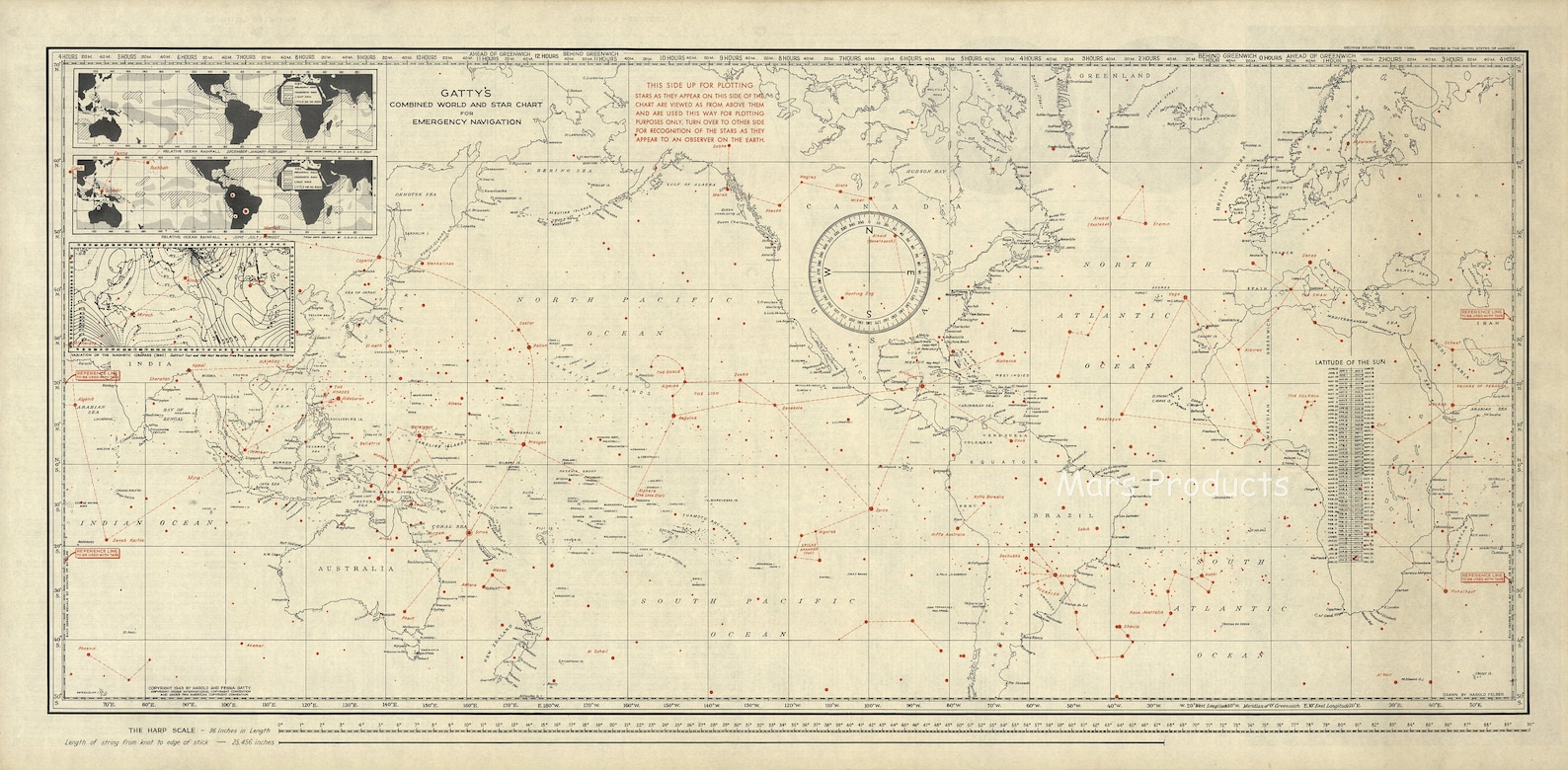 World and Star Chart Map Nautical Navigation Astronomy Poster Vintage ...