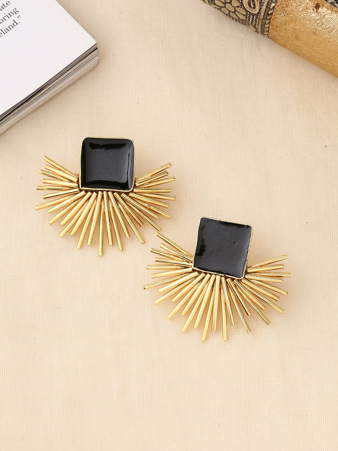 Black Enamel Sunburst Earring Studs, Gold Plated Brass - Etsy