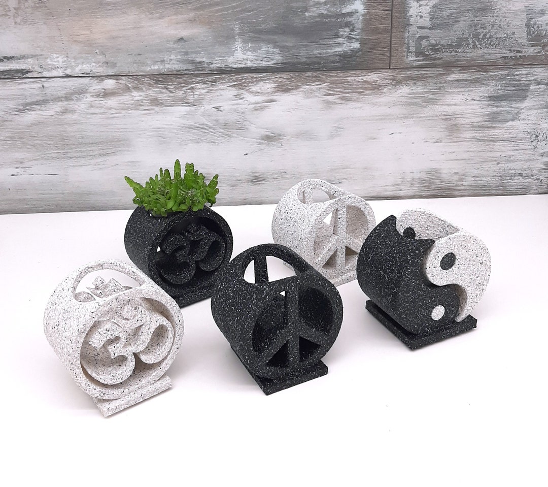 Yin Yang Peace Ohm Signs Succulent Pot Granite Stone Look Black White ...