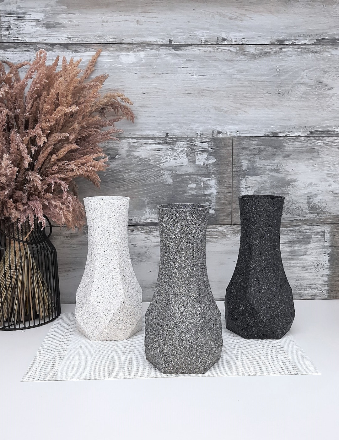 Large 10in 25cm Granite Stone Look Vase Black Grey White Decor ...
