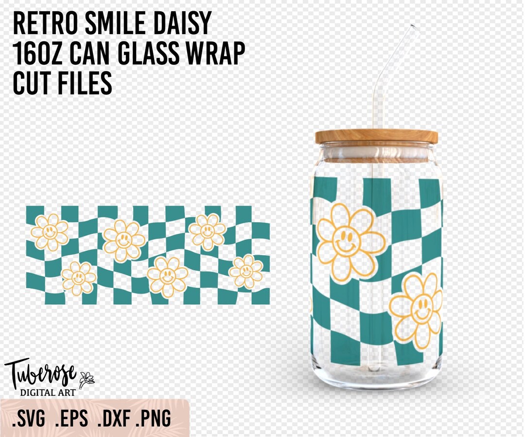 Retro Checkers Smile Daisy 16oz Can Glass Wrap SVG, Groovy Smile Flower ...