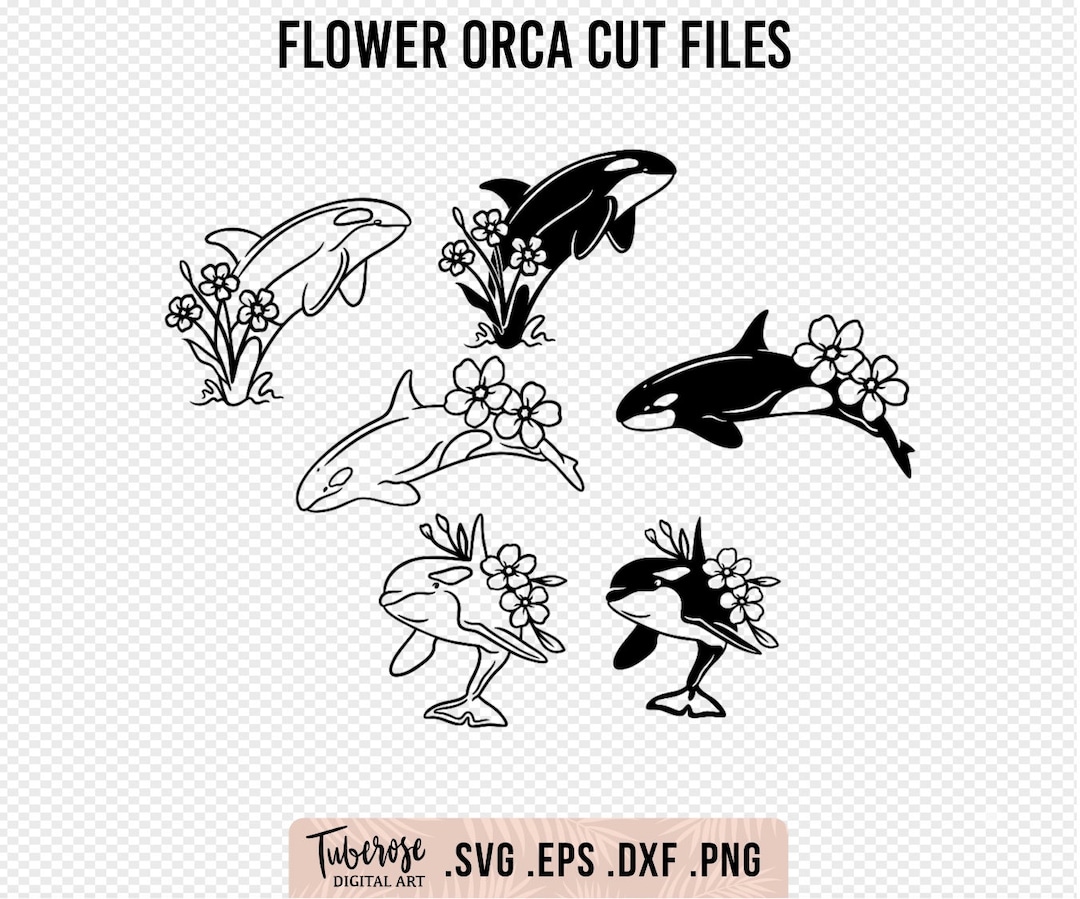 Floral Orca Whale SVG Cut Files, Forget-me-not Flower Details Solid ...