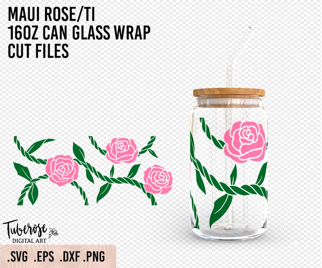 Maui Rose and Ti 16oz Can Glass SVG, Lokelani Rosette Floral Lei Cup ...