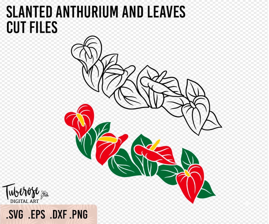 Slanted Anthurium and Leaves SVG, Tropical Flower Angle Design Cut File ...
