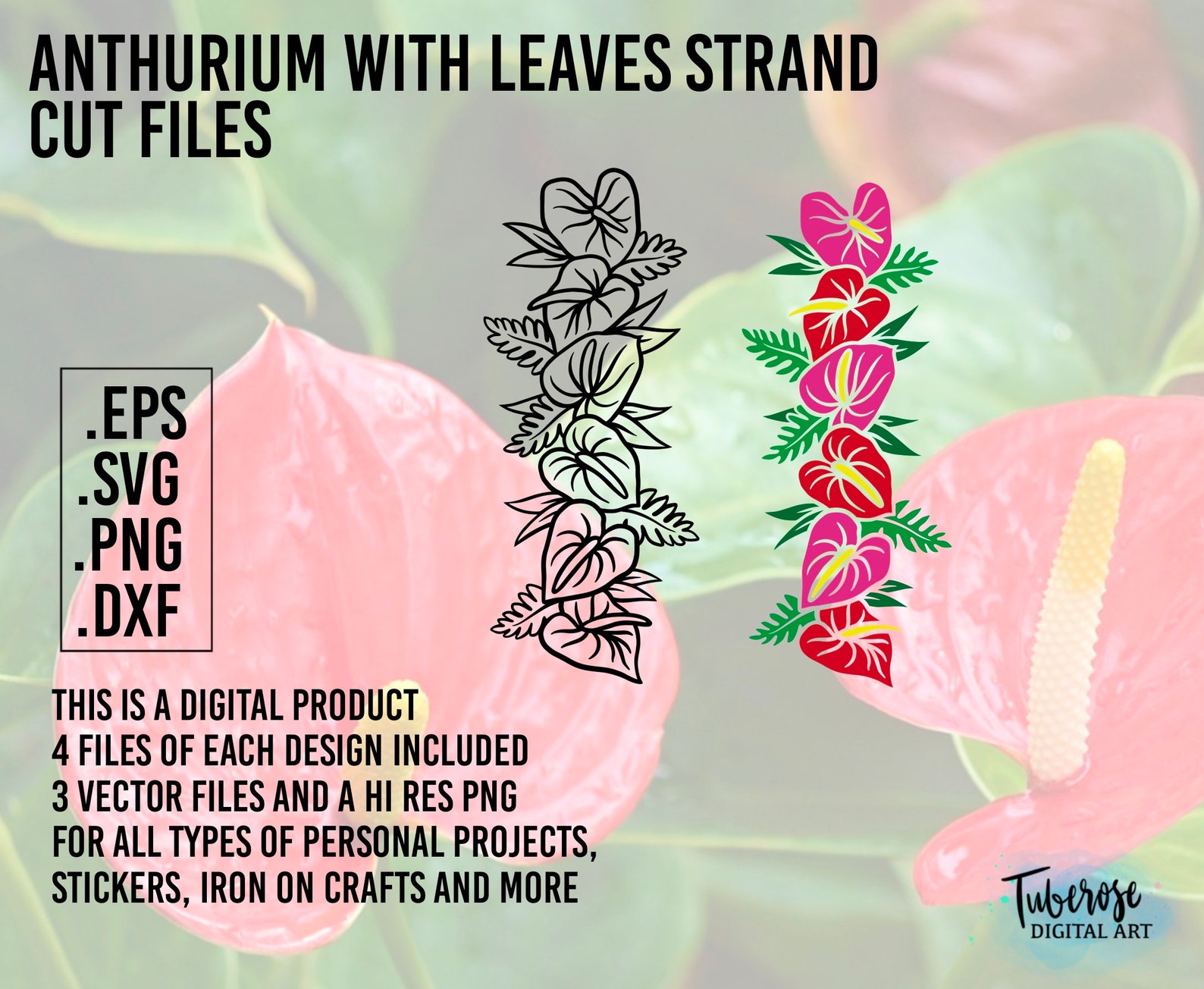 Anthuriums With Leaves Lei Strand SVG Tropical Flower Garland - Etsy