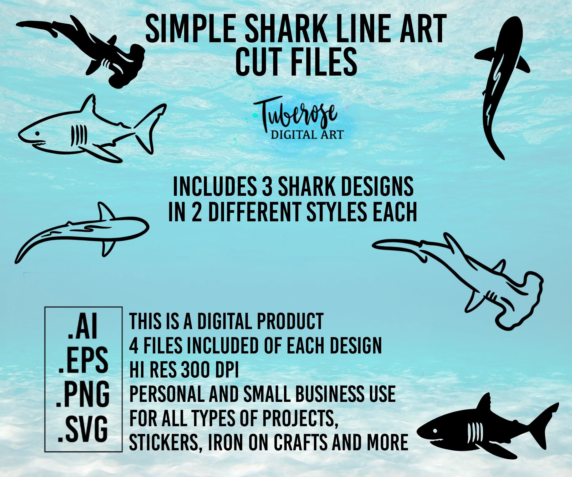 Simple Shark SVG 3 Sharks Line Art Cut Files, Great White, Hammerhead ...