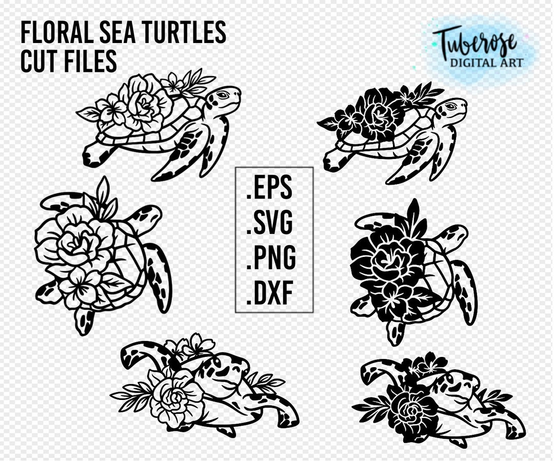 Floral Sea Turtles SVG, Turtle and Flowers Illustration Icons, Tattoo ...