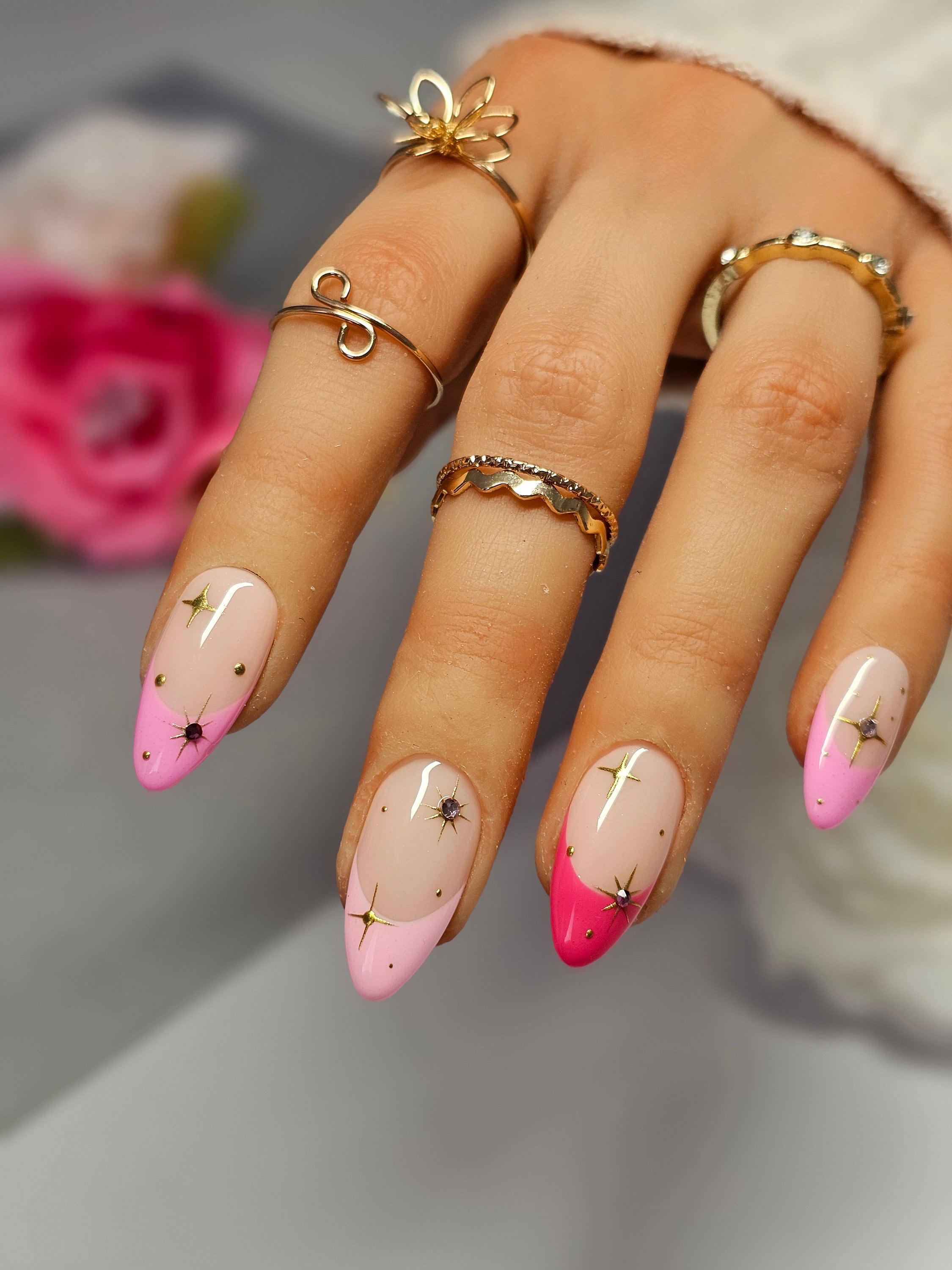 Hot Pink Soft Pink and Barbie Pink French Manicure With Gems and Gold Chrome Stars. Reusable Press on Nails 100 Handmade by Me. Etsy