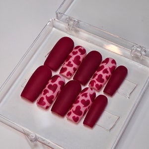 Matte Deep Red With Heart Detailing Nails Perfect for Valentines but ...