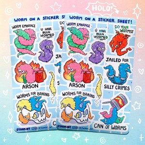 Worm on a String Meme Glossy Holographic Waterproof Sticker Sheet Cute ...