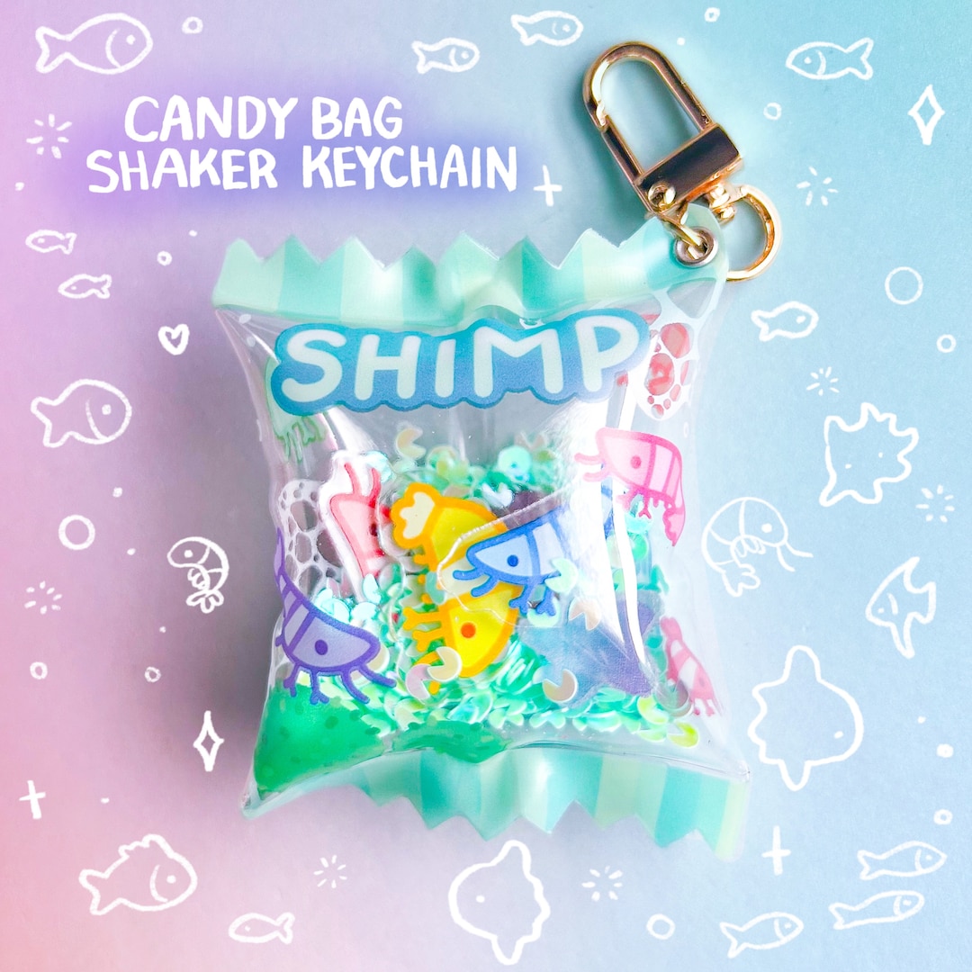 Shrimp Candy Bag Shaker Keychain Puffy Squishy PVC Charm Cute Ocean ...