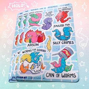 Worm on a String Meme Glossy Holographic Waterproof Sticker Sheet Cute ...