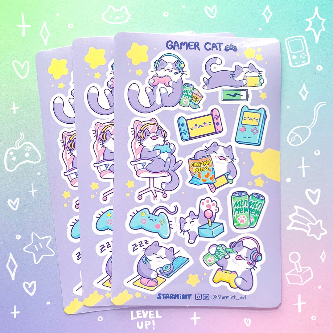 Gamer Cat Waterproof Glossy Sticker Sheet Journaling Stickers Video ...