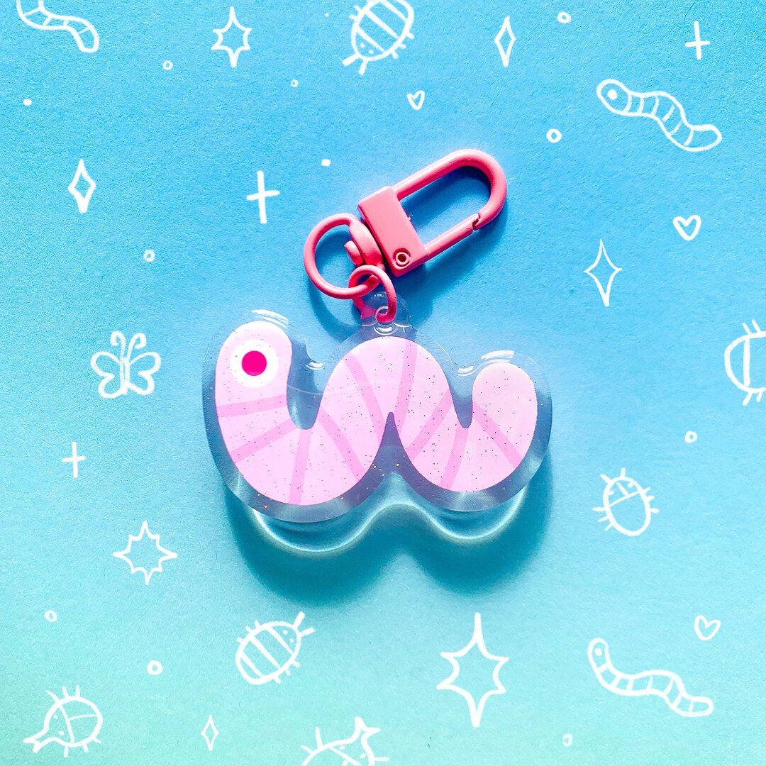 Worm 2 Inch Glitter Acrylic Keychain Cute Bug Earthworm Grub Pink ...