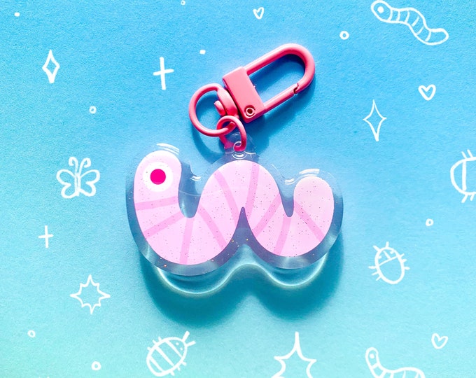 Worm 2 Inch Glitter Acrylic Keychain Cute Bug Earthworm Grub Pink ...