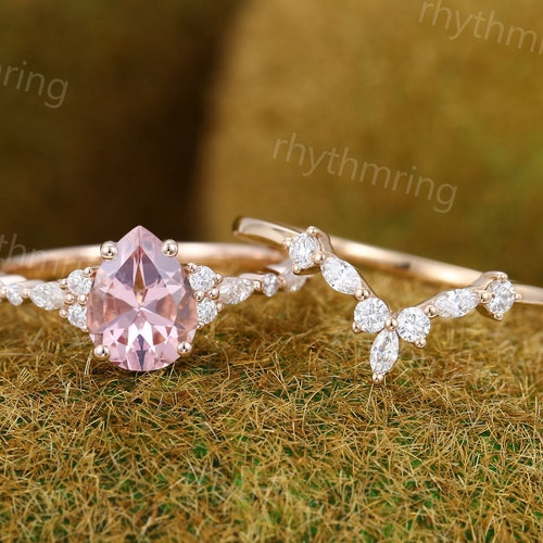 Pear Shaped Morganite Engagement Ring Set Rose Gold Art Deco - Etsy