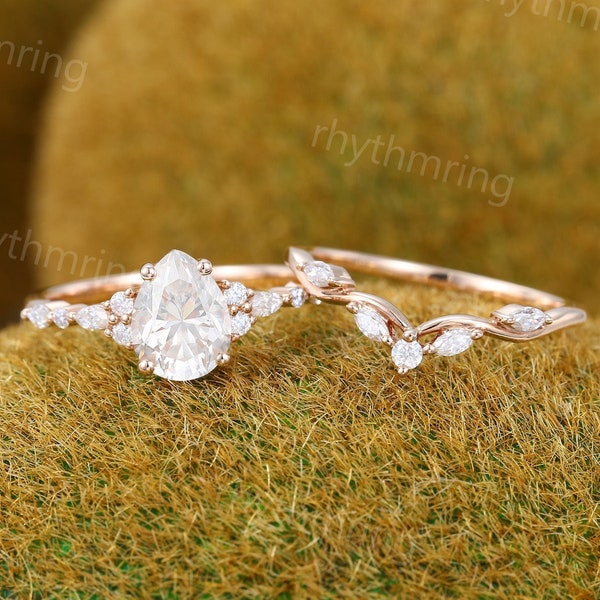 Unique Pear Shaped Moissanite Engagement Ring Set Simple Rose Gold Engagement Ring Set Plain ...