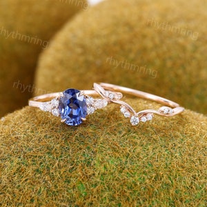 Oval Cornflower Blue Sapphire Engagement Ring Set Vintage Rose Gold Ring Marquise Cut Diamond ...