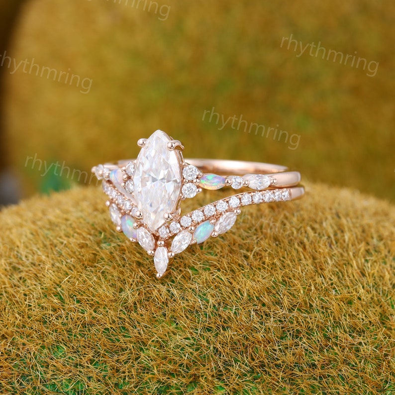 Vintage Marquise Cut Moissanite Engagement Ring Set Unique - Etsy