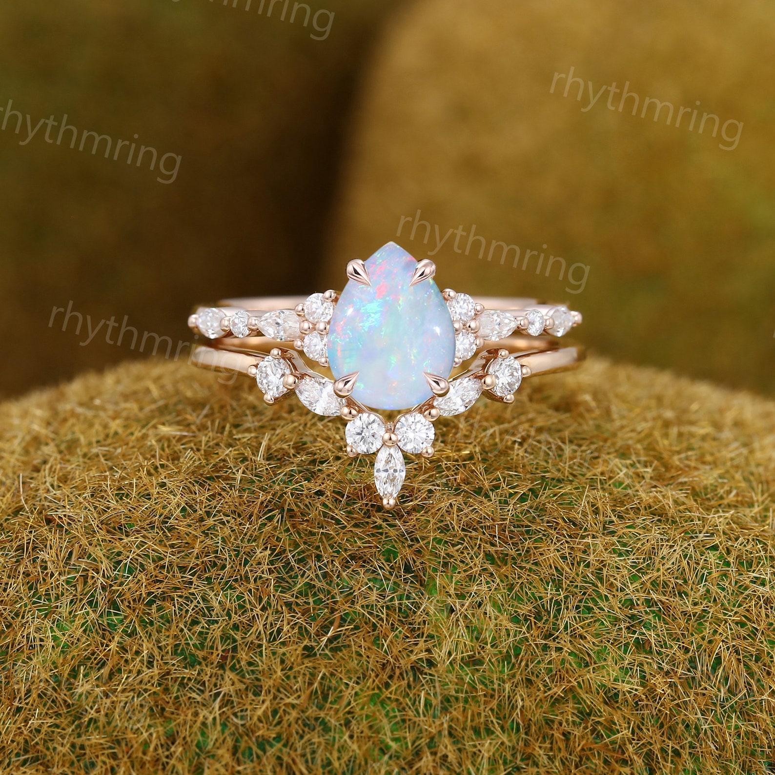 Unique Pear Shaped Opal Engagement Ring Set Vintage Rose Gold - Etsy