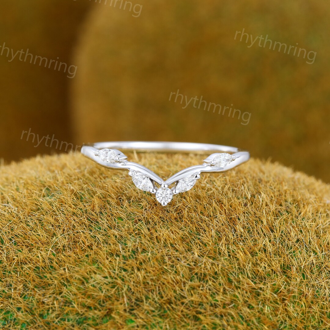 Marquise Moissanite Curved Wedding Band Vintage Unique White Gold Art ...