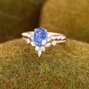 Oval Cornflower Blue Sapphire Engagement Ring Set Vintage Rose Gold Ring Marquise Cut Diamond ...