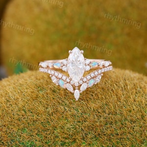 Vintage Marquise Cut Moissanite Engagement Ring Set Unique Rose Gold ...