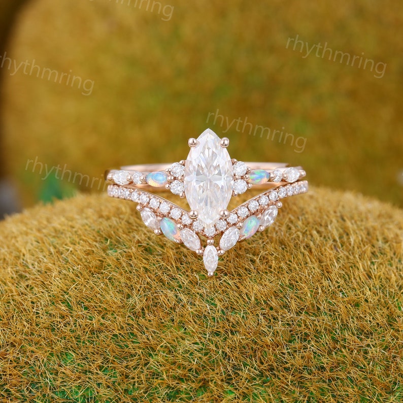 Vintage Marquise Cut Moissanite Engagement Ring Set Unique - Etsy