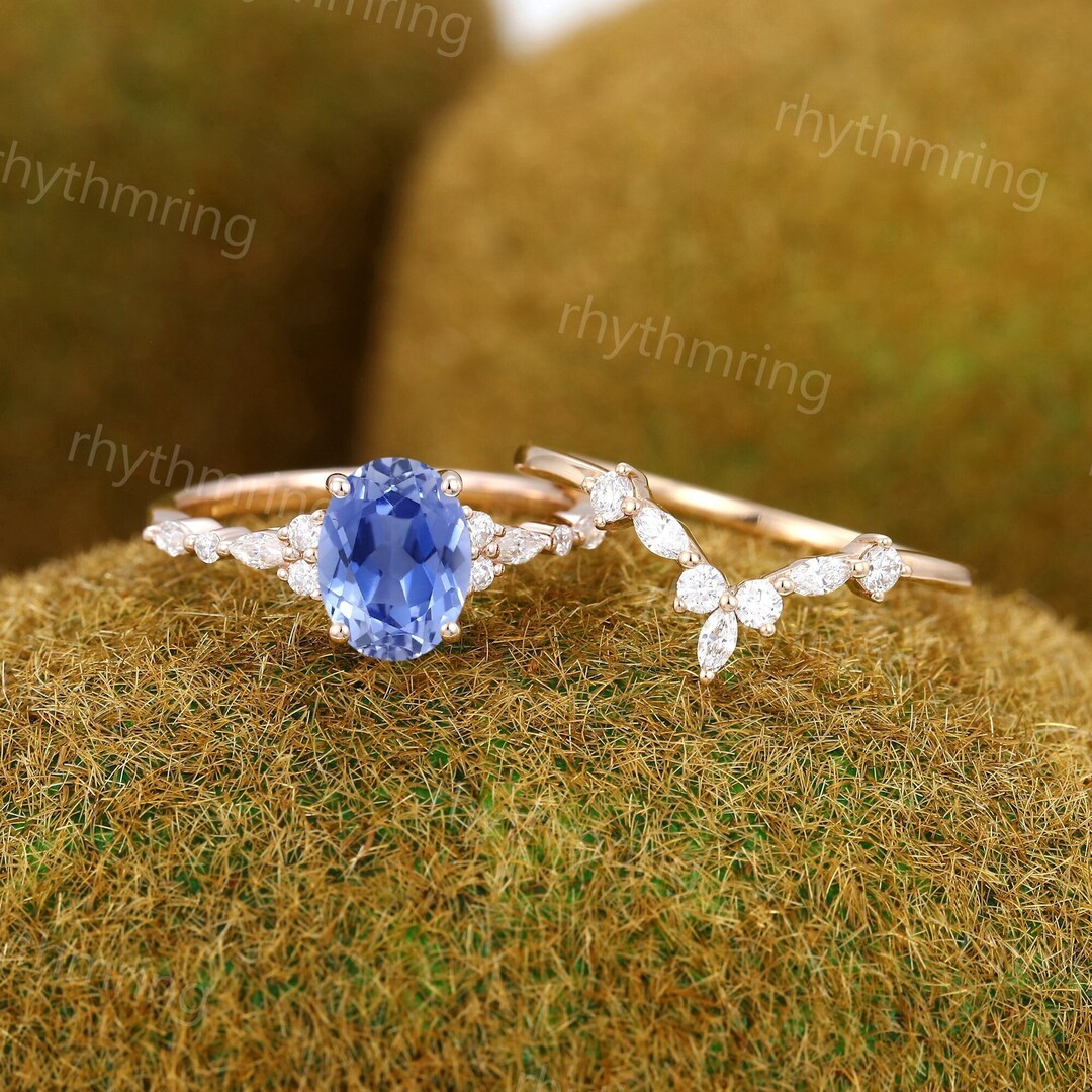 Oval Cornflower Blue Sapphire Engagement Ring Set Vintage Rose Gold Ring Marquise Cut Diamond ...