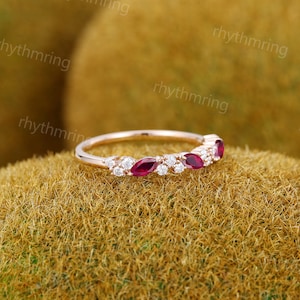 Vintage Ruby Wedding Band Rose Gold Wedding Band Unique Marquise Cut ...