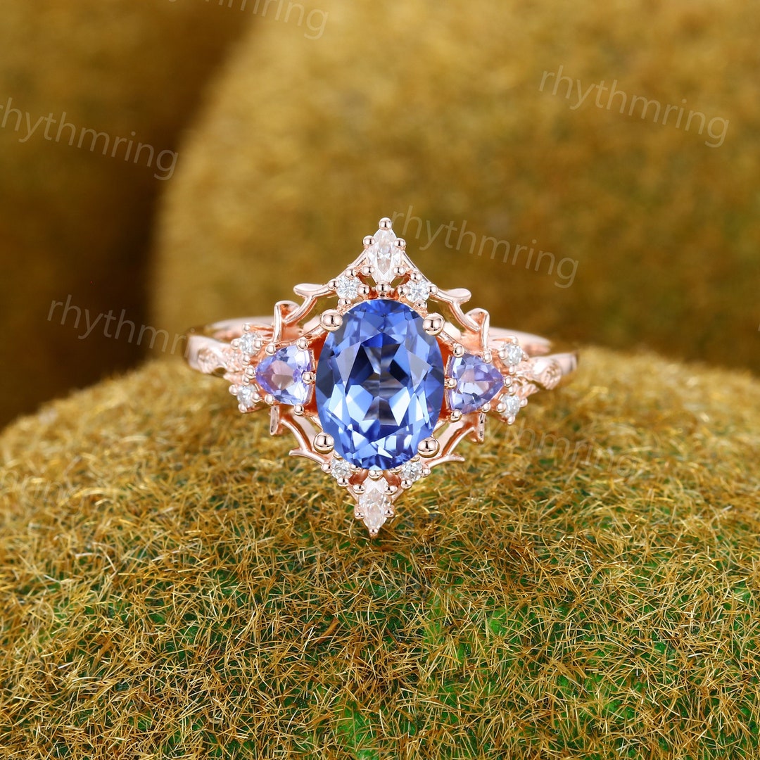 Oval Cornflower Blue Sapphire Engagement Ring Unique Trillion Cut Tanzanite Ring Vintage Rose ...