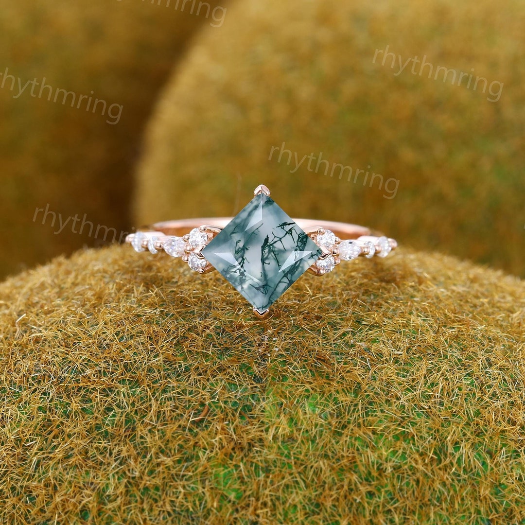 Princess Cut Moss Agate Engagement Ring 14k Rose Gold Engagement Ring ...