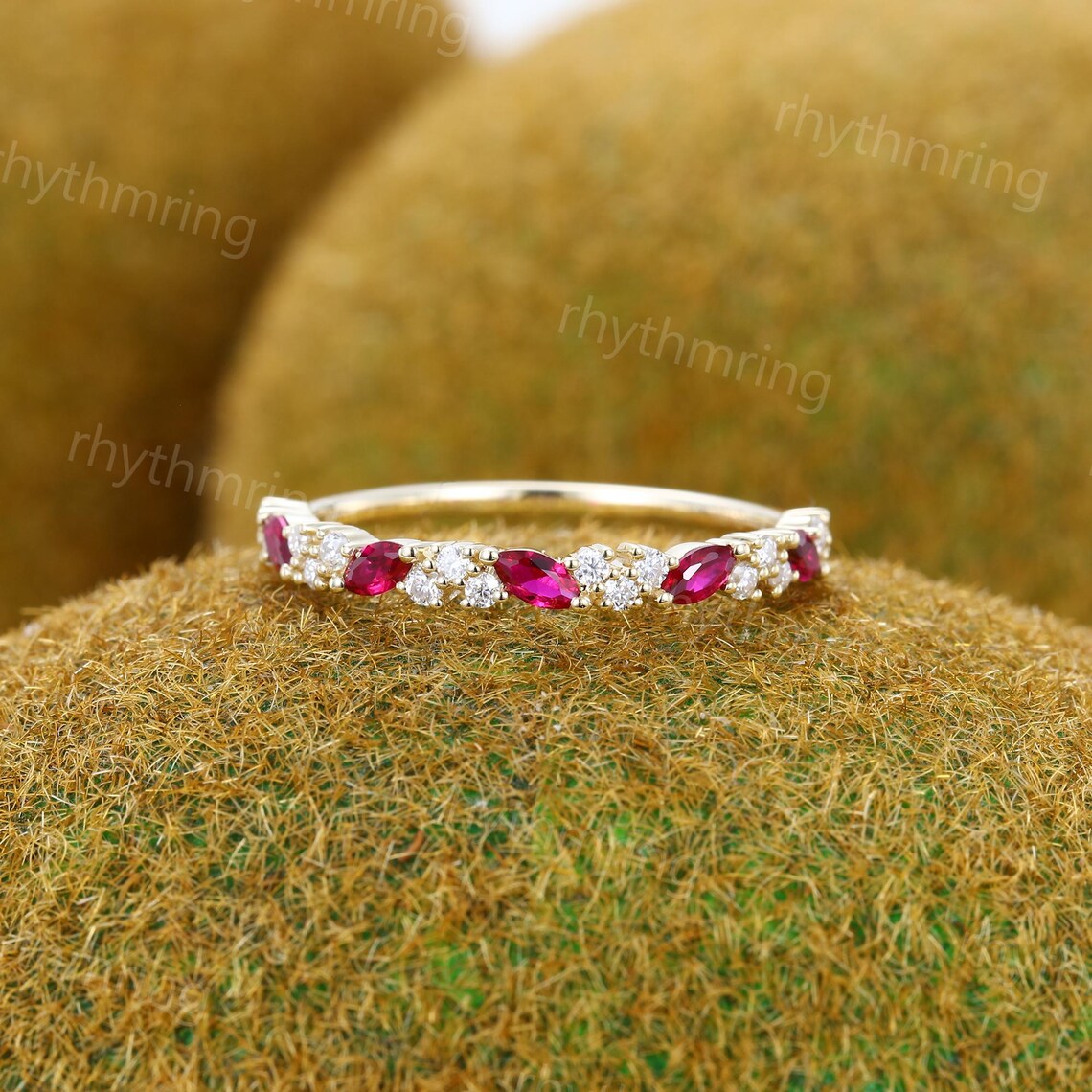 Lab Ruby Wedding Band Rose Gold Wedding Band Unique Half Eternity ...