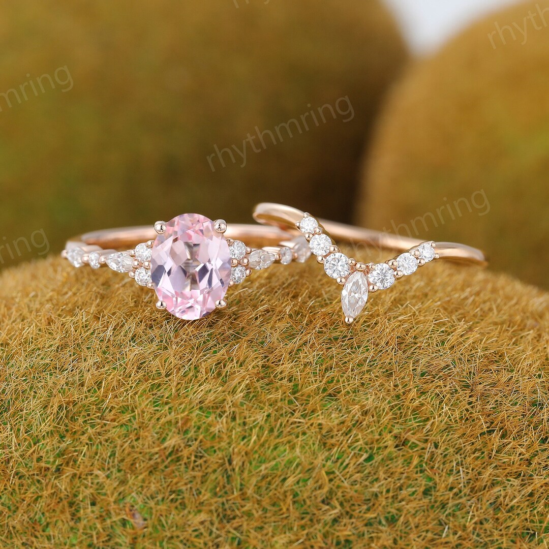 Pink Sapphire Engagement Ring Set Vintage Oval Rose Gold Ring Unique Marquise Cut Diamond ...