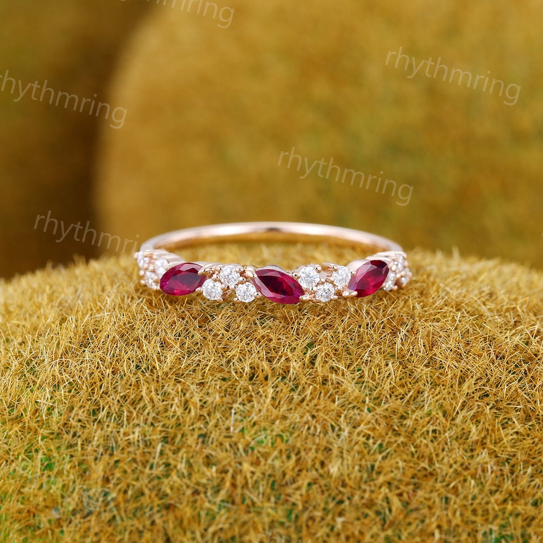Vintage Ruby Wedding Band Rose Gold Wedding Band Unique Marquise Cut Diamond Half Eternity ...