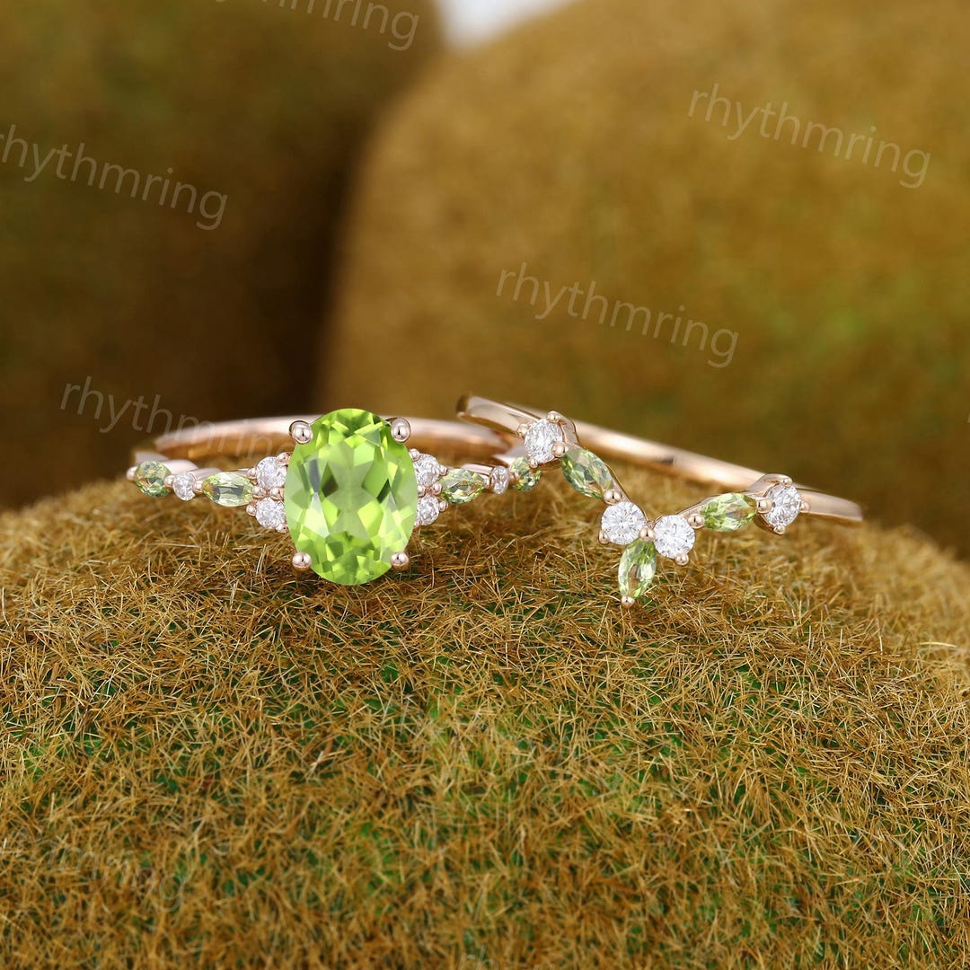 Peridot Engagement Ring Set Vintage Marquise Cut Peridot Engagement ...