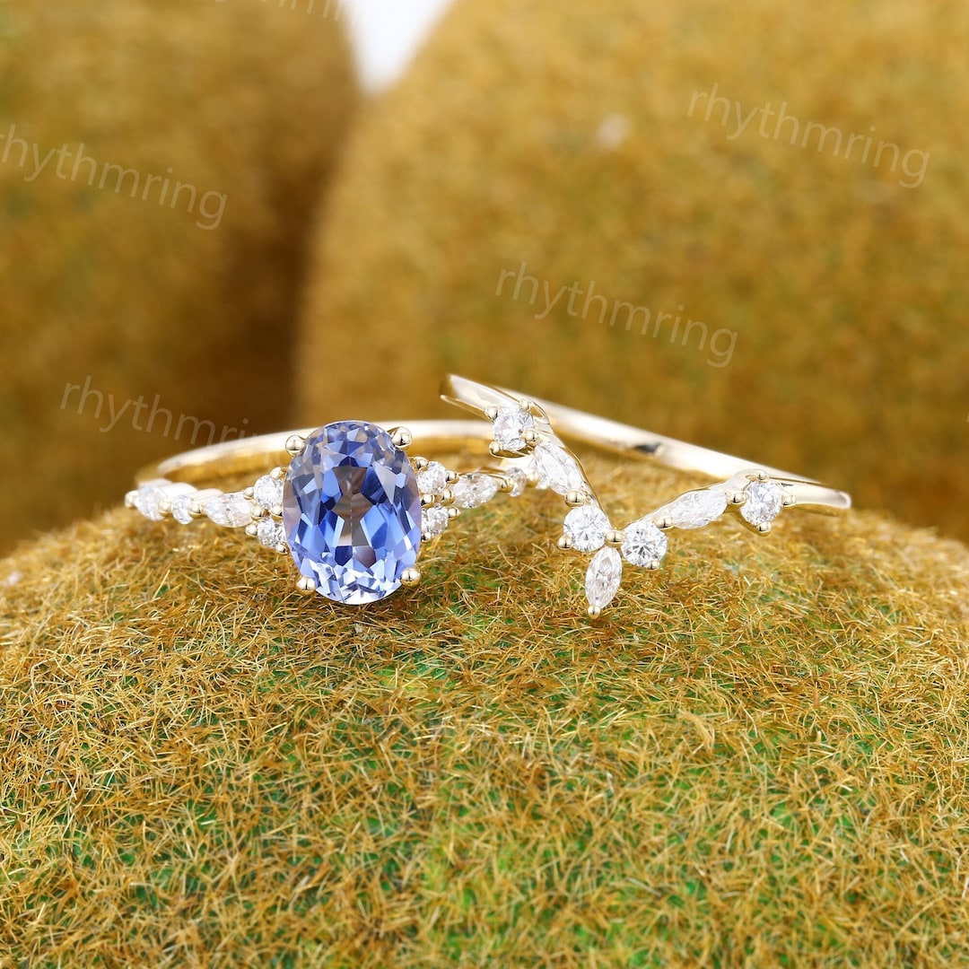 Oval Cornflower Blue Sapphire Engagement Ring Set Vintage Yellow Gold Ring Marquise Cut Diamond ...