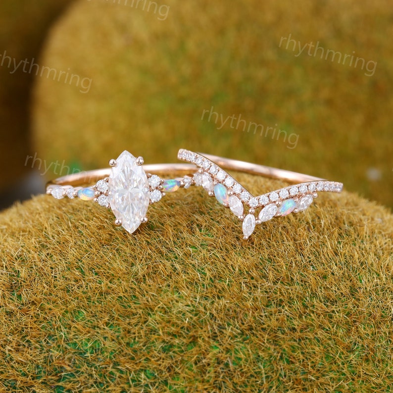 Vintage Marquise Cut Moissanite Engagement Ring Set Unique - Etsy