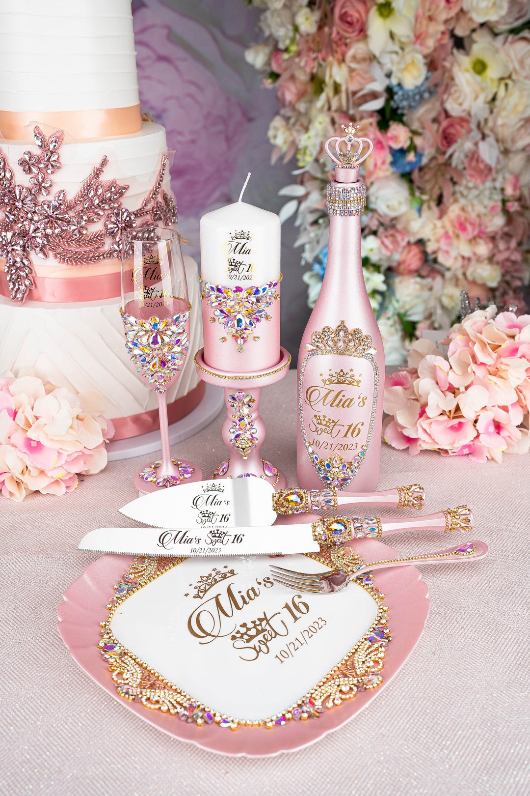 Rose Gold Sweet 16 Decor, Rose Gold Sweet 16 Glasses, Sweet 16 Cake ...