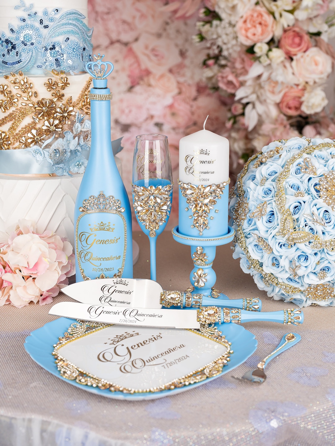Copas De Quinceanera Baby Blue Gold, Brindis De Quinceanera Light Blue ...