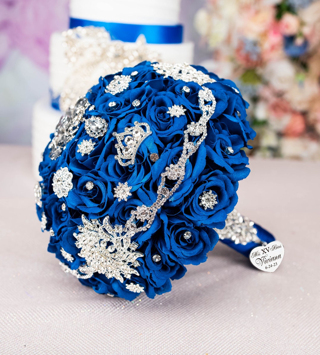 Royal Blue Silver Quinceanera Bouquet, Royal Blue Quince Ramo, Royal ...