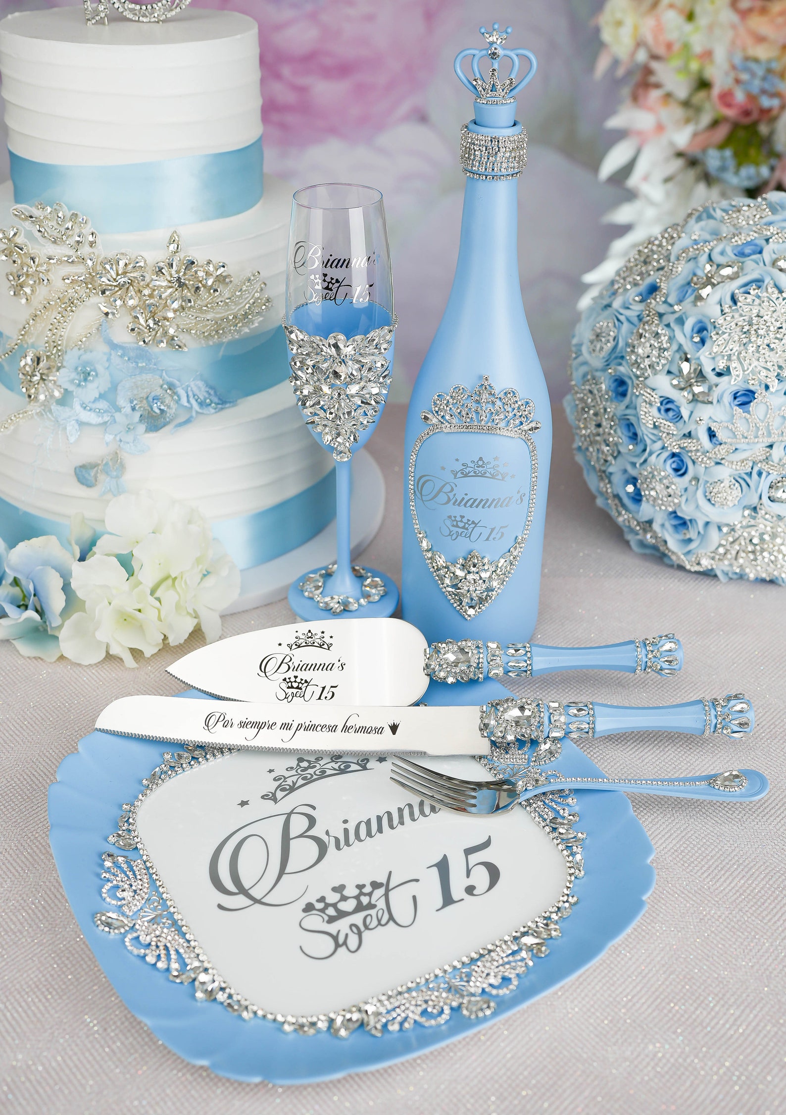 Baby Blue Quinceanera Bouquet, Dusty Blue Quince Decor, Quinceanera ...