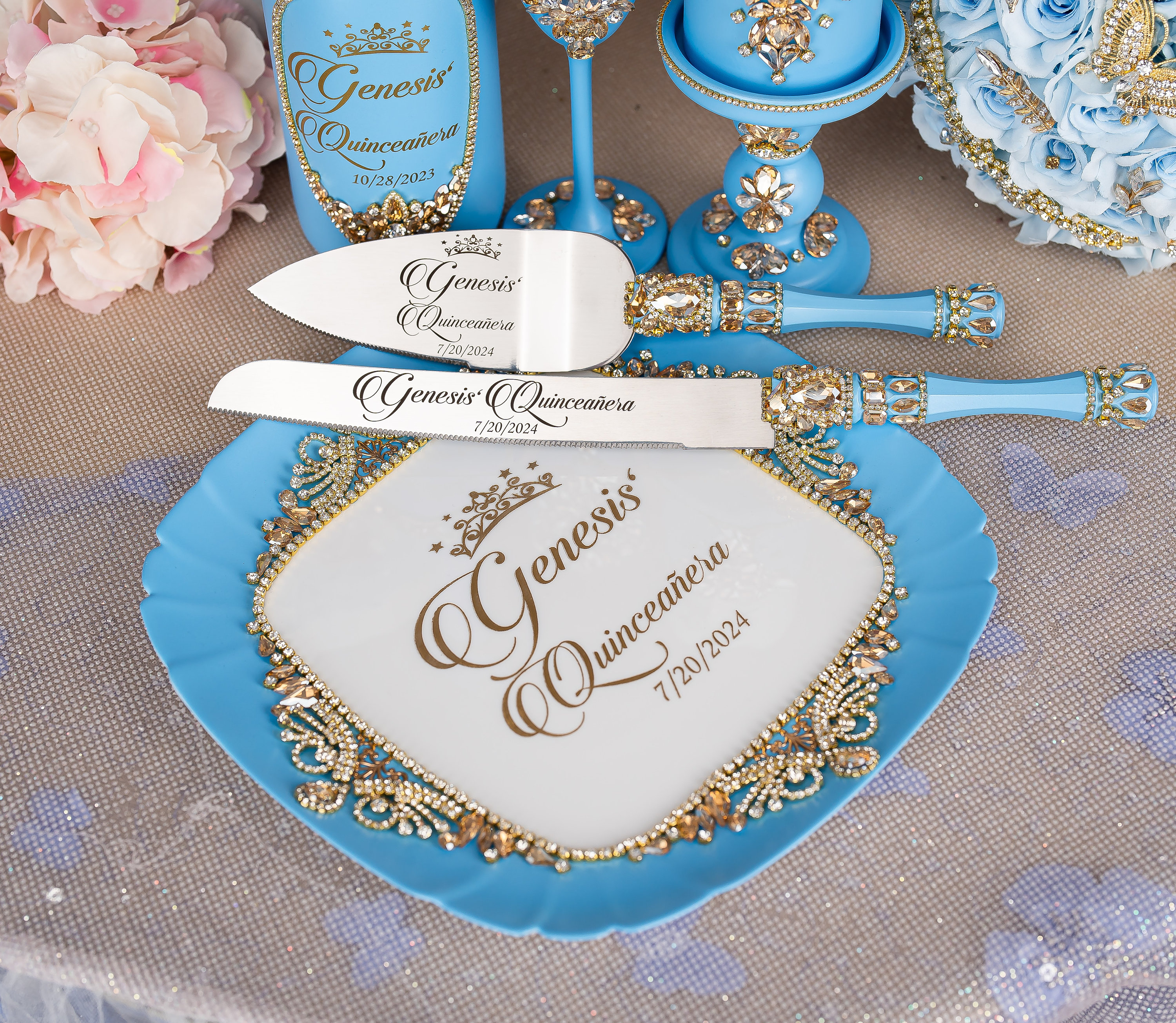 Copas De Quinceanera Baby Blue Gold, Brindis De Quinceanera Light Blue ...