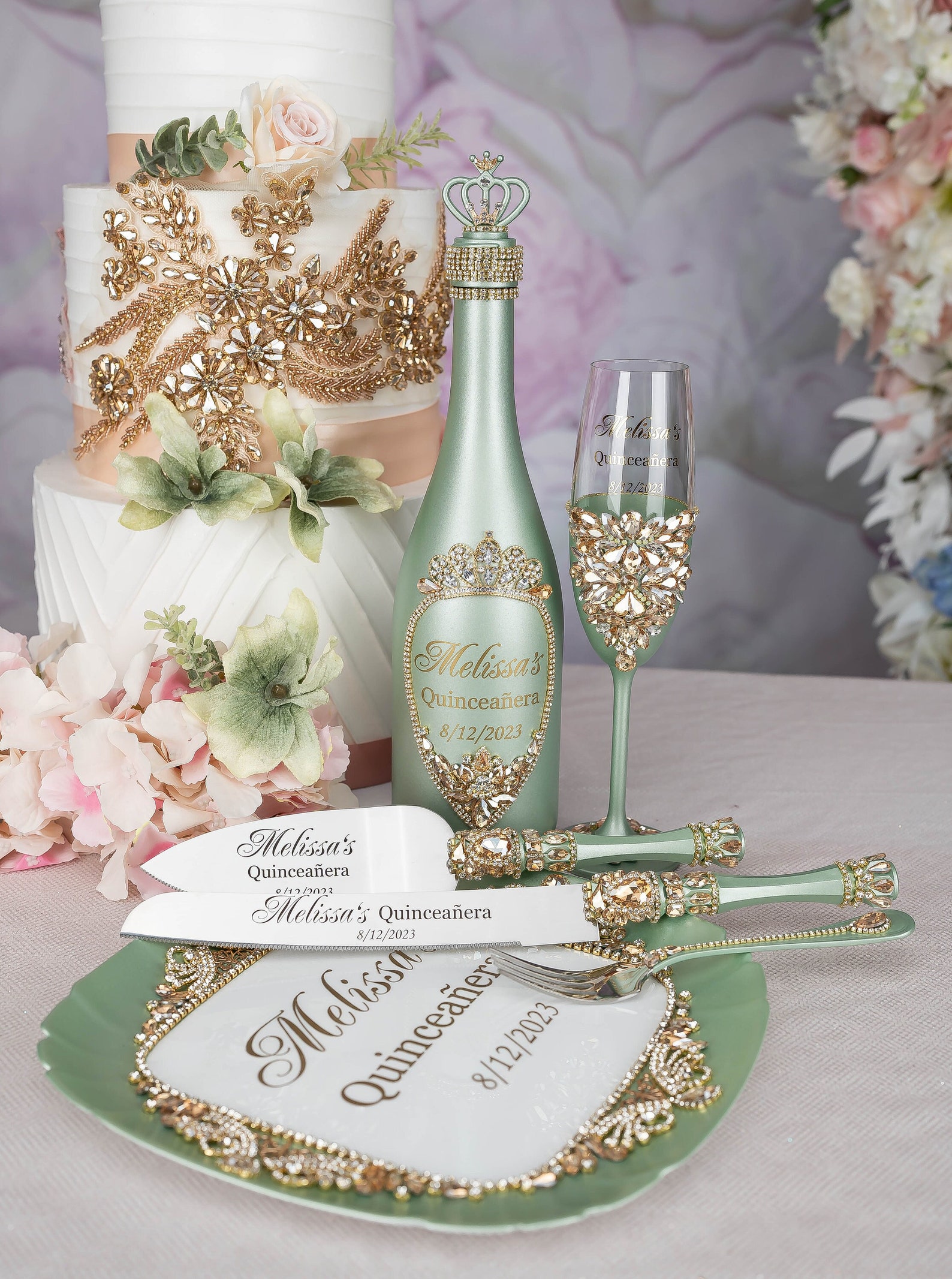 Sage Green Gold Quinceanera Ramo, Sage Green Quinceanera Bouquet, Sage ...