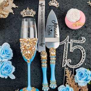 Copas De Quinceanera Baby Blue Gold Brindis De Quinceanera - Etsy