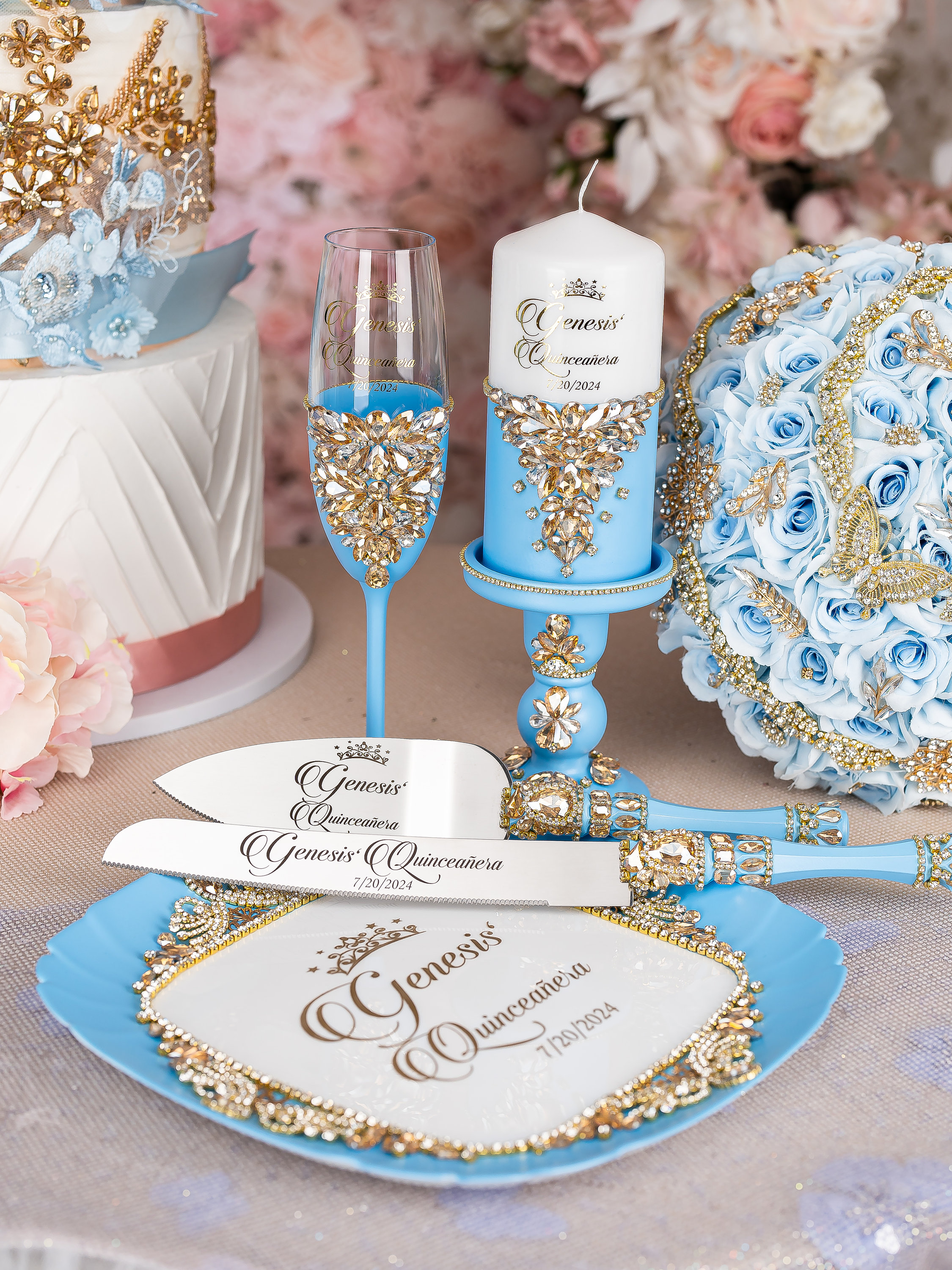 Copas De Quinceanera Baby Blue Gold, Brindis De Quinceanera Light Blue ...